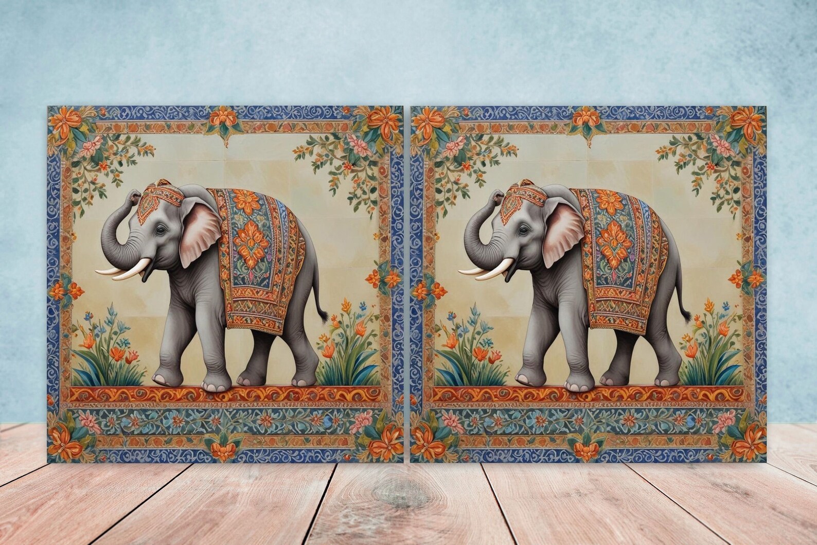 Indian Elephant Ceramic Gloss Wall Tiles Set of 2 Elephant Wall Art ...