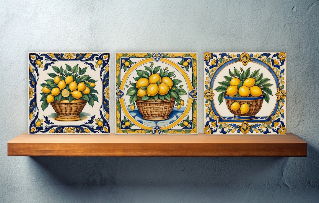 Sicilian Lemon Ceramic Tiles: Mediterranean Kitchen Decor, Set of 3 - Etsy
