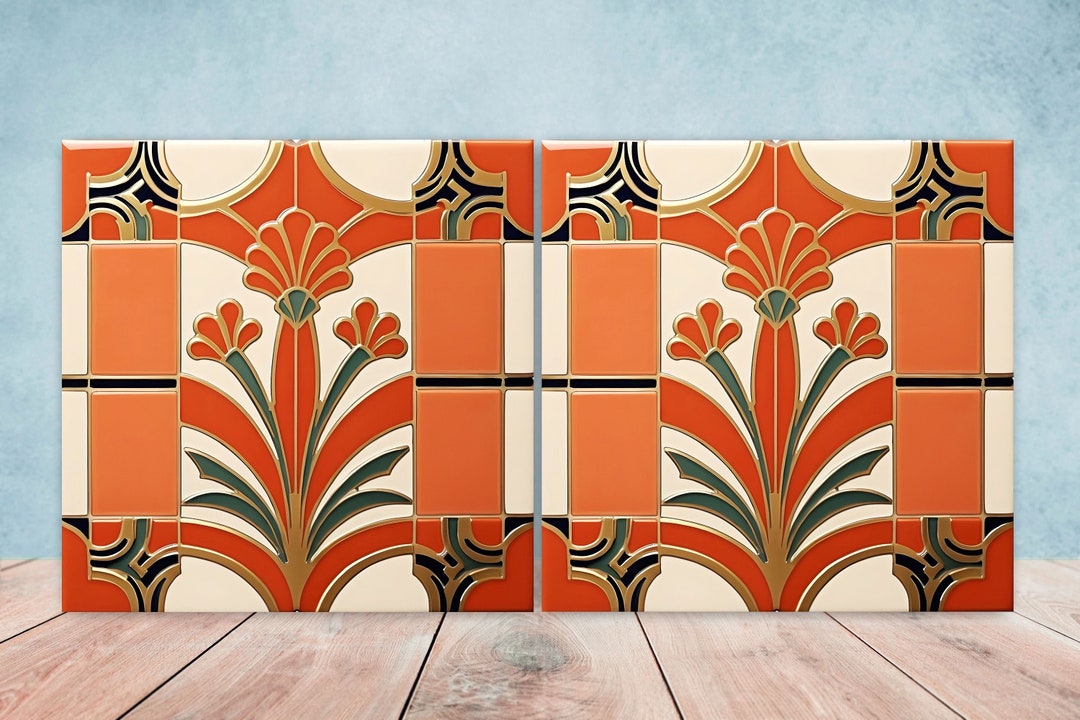 Art Deco Ceramic Tiles Set of 2 Art Deco Wall Decor Geometric Tiles ...