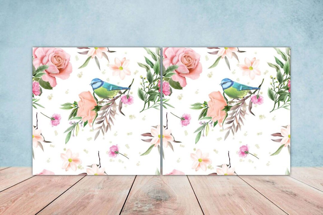 Bird Ceramic Tiles- Set of 2 Bird Flower Wall Art Print Decor Tiles ...