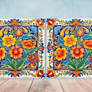 Set of 2 Mexican Ceramic Floral Tiles: Folk Art Wall Decor - Etsy