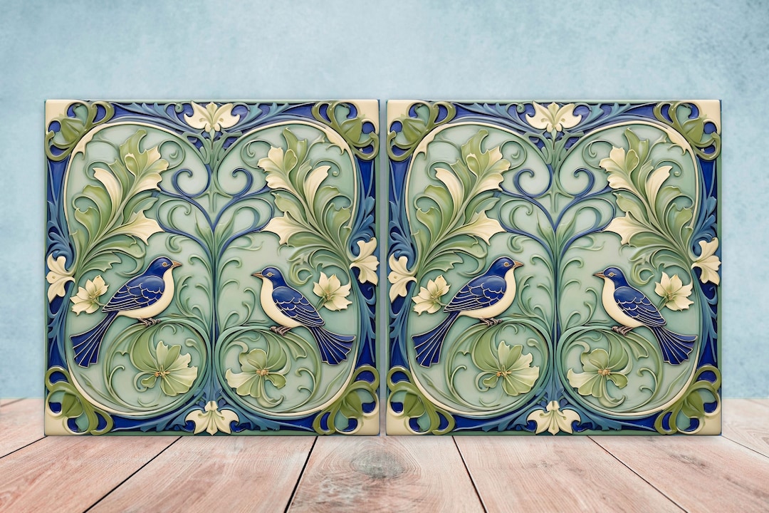 Art Nouveau Bird Ceramic Tiles - Set of 2 Wall Decor Tiles - Etsy