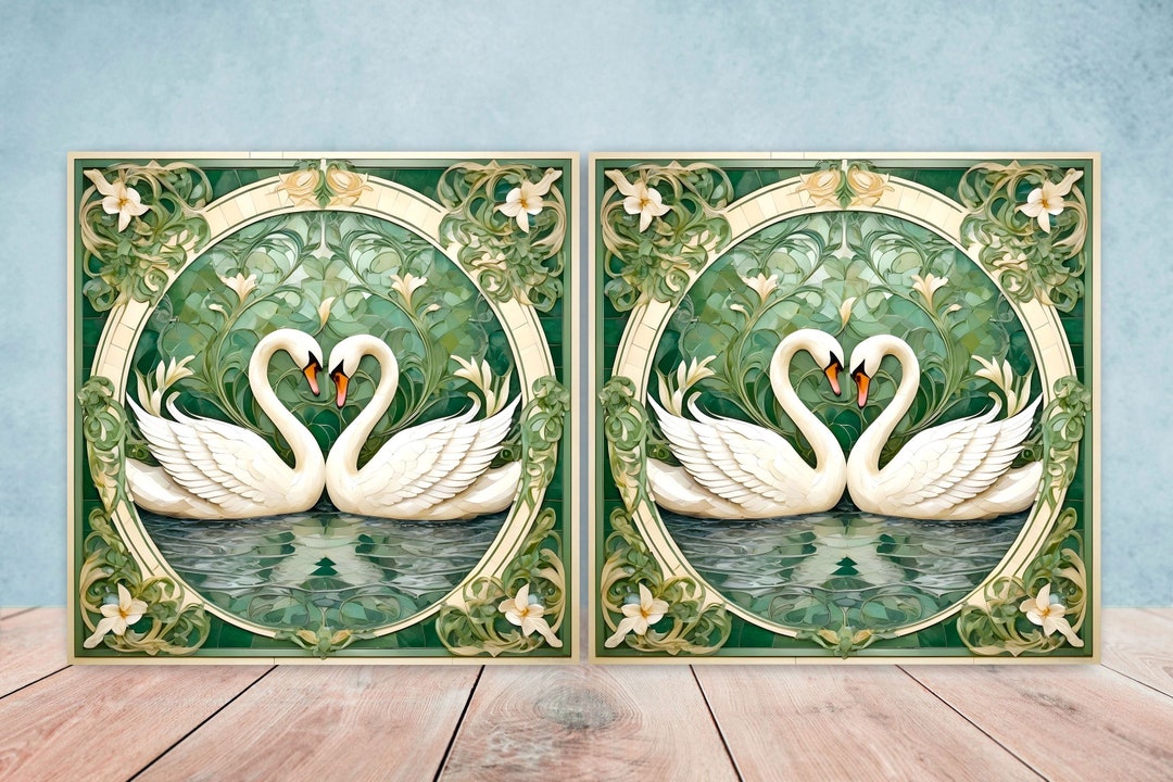 Art Nouveau Swan Ceramic Tiles - Set of 2 Art Nouveau Bird Wall Decor ...
