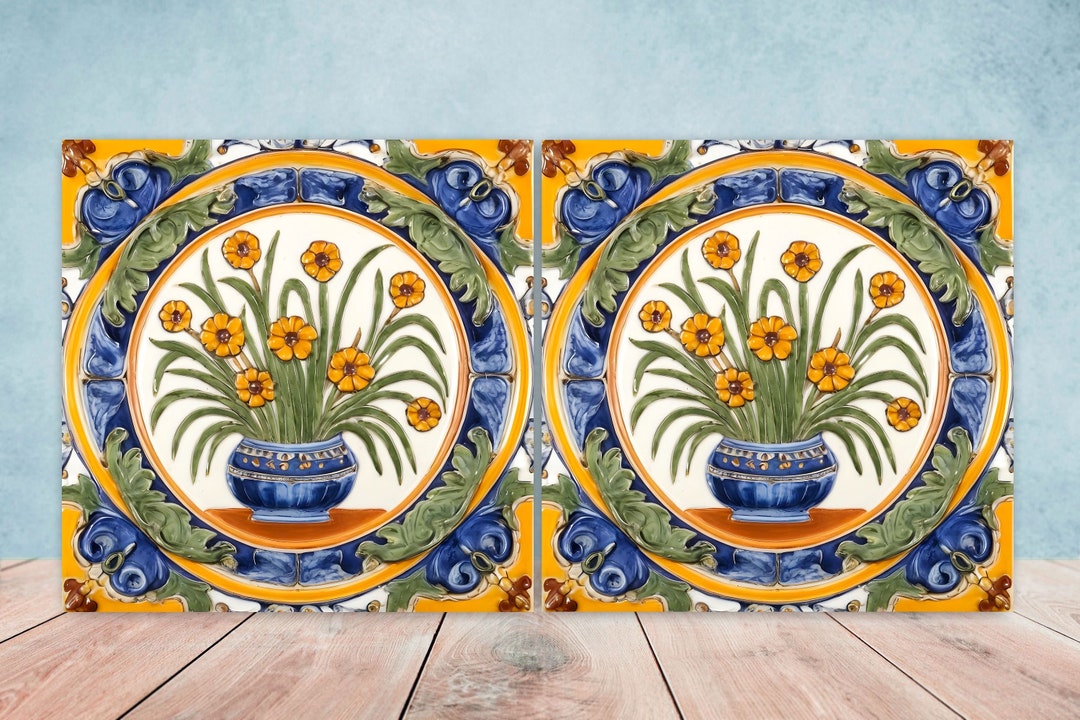 Set of 2 Italian Majolica Ceramic Tiles: Sicilian Floral Wall Decor ...