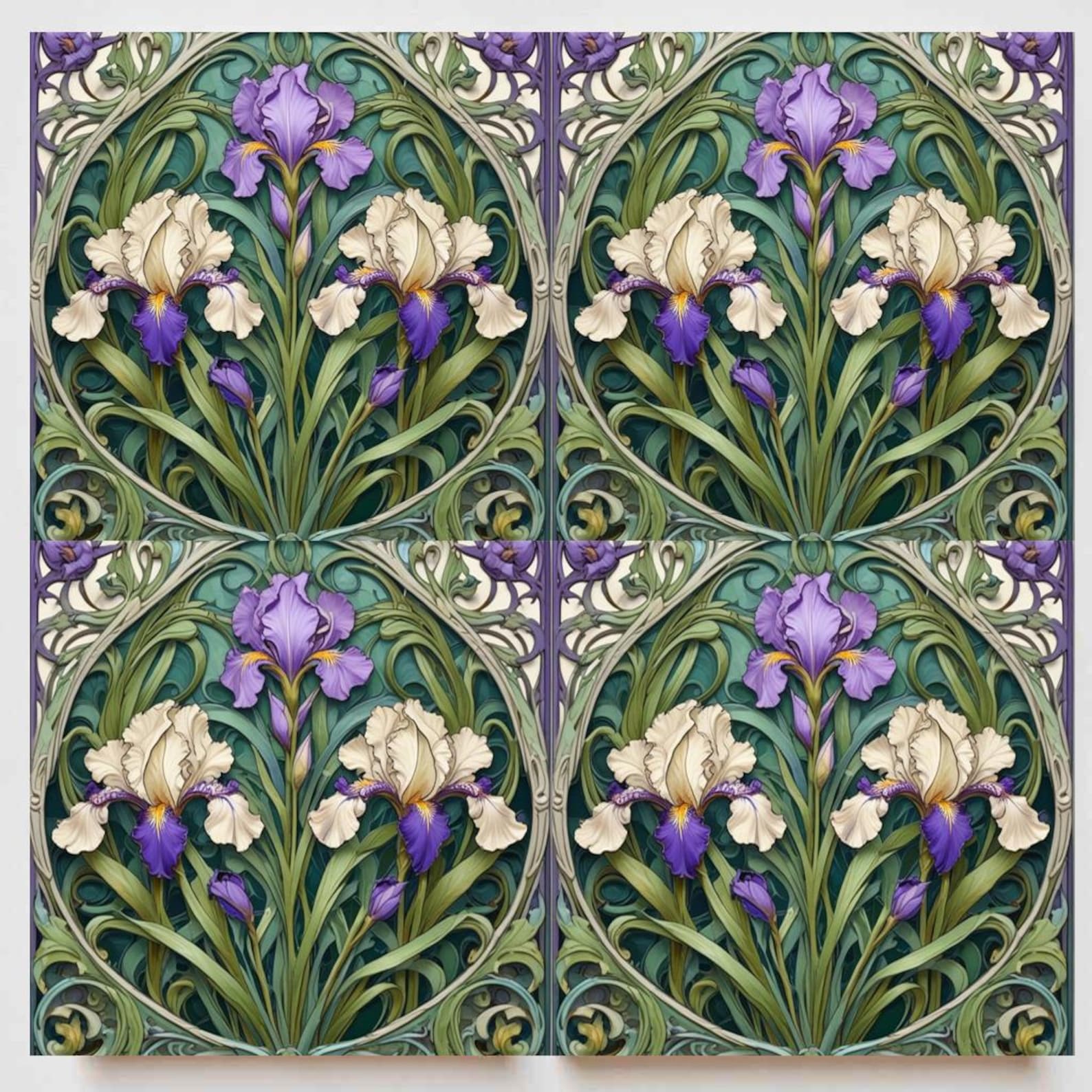 Art Nouveau Iris Ceramic Tile - Floral Kitchen Backsplash Botanical ...