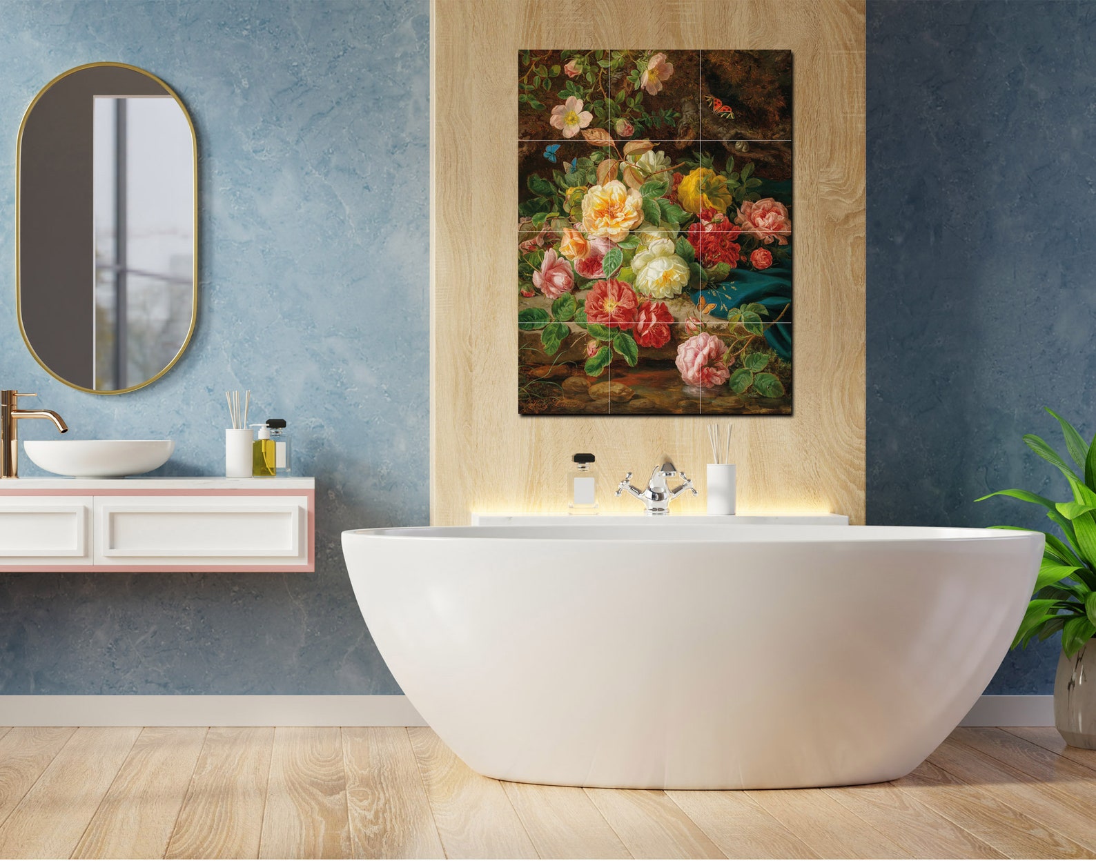 Josef Lauer Roses and Butterflies Tile Mural: Floral Ceramic Panel - Etsy