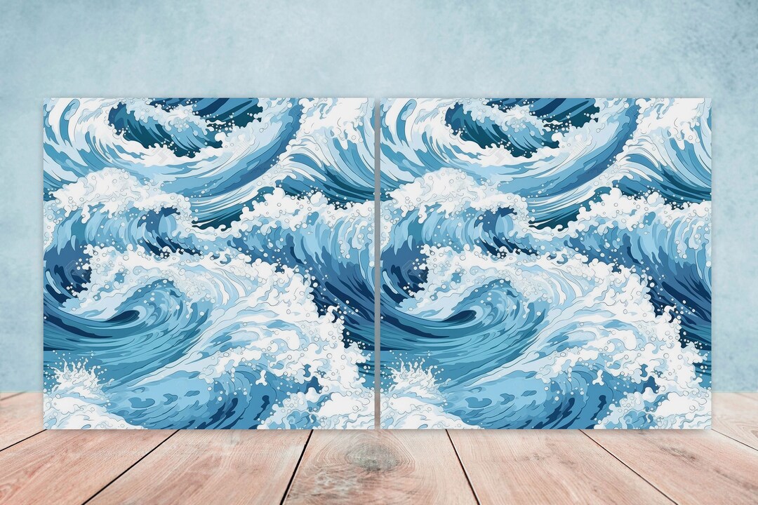Japanese Wave Ceramic Tiles - Set of 2 Japan Wall Decor Tiles - Kitchen ...