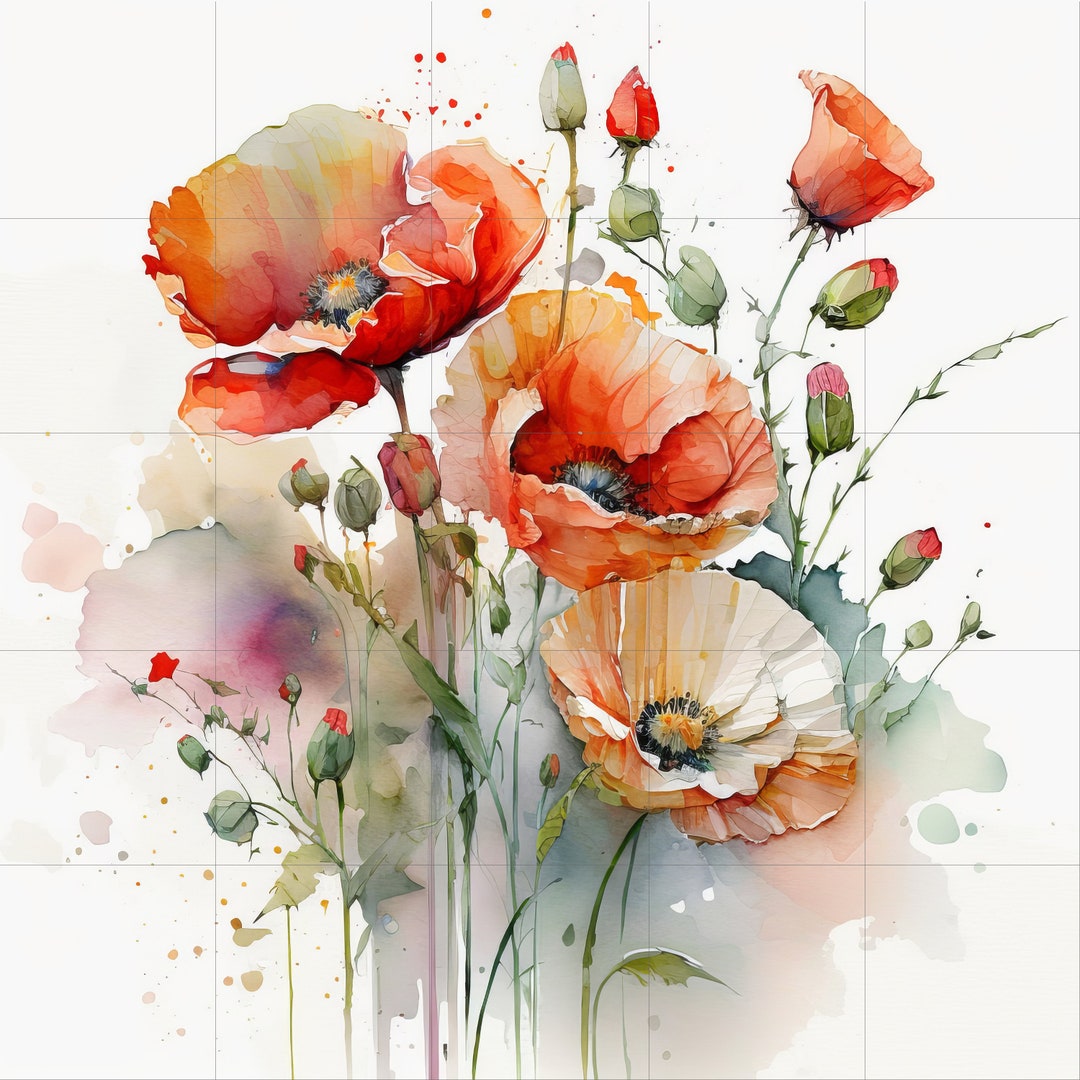 Watercolor Poppy Flower Tile Mural: Gloss Ceramic Mosaic, Garden Wall ...