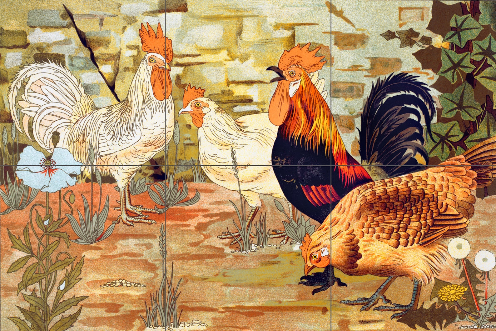 Tile Mural/mosaic Ceramic Panel of Roosters and Hens Verneuil - Etsy