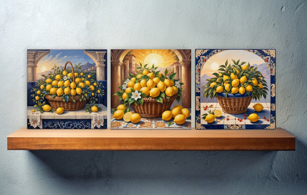 Sicilian Lemon Ceramic Tiles - Set of 3 Sicilian Wall Decor Tiles ...