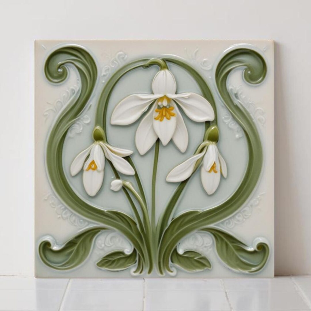 Snowdrop Flower Ceramic Tiles - Art Nouveau Botanical Wall Decor - Set ...