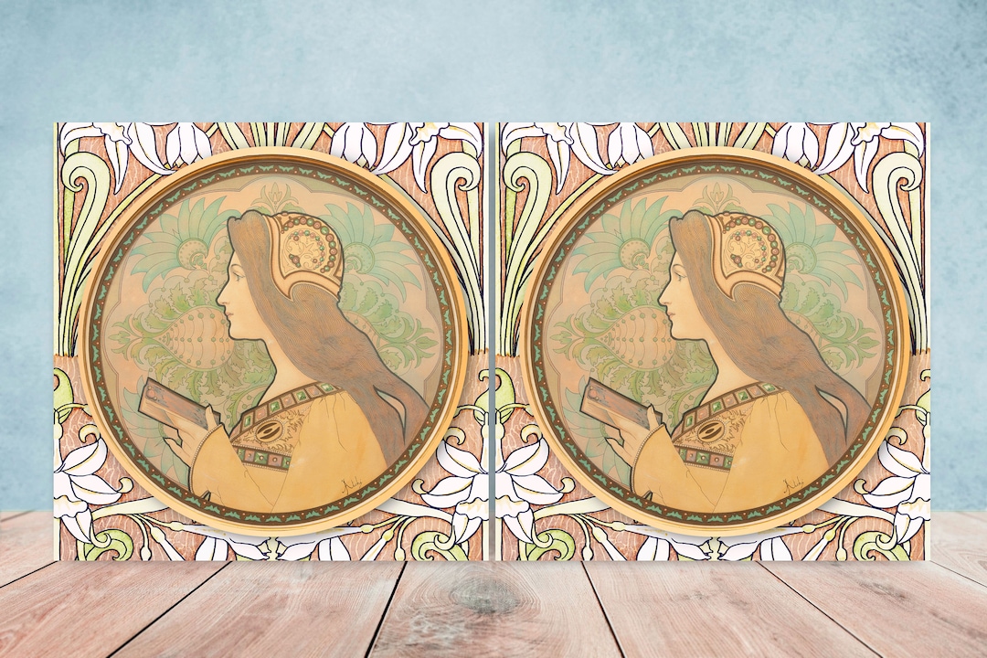 Art Nouveau Flower Ceramic Tiles Set of 2 Art Nouveau Wall - Etsy