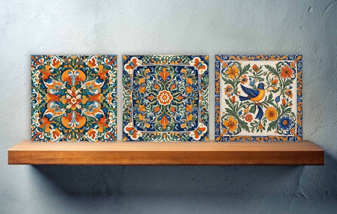 Sicilian Ceramic Tiles - Set of 3 Mediterranean Kitchen Backsplash Bath ...