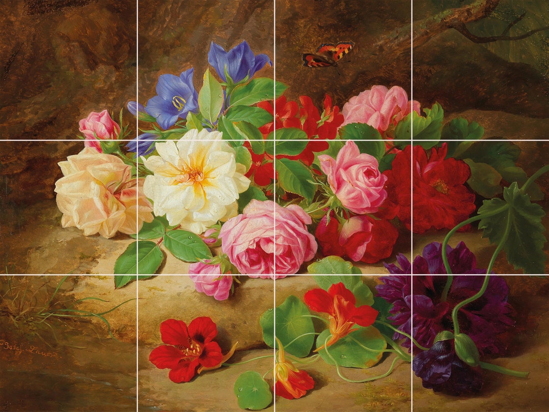 Floral Tile Mural: Forest Floor, Roses, Butterfly - Josef Laurer - Etsy