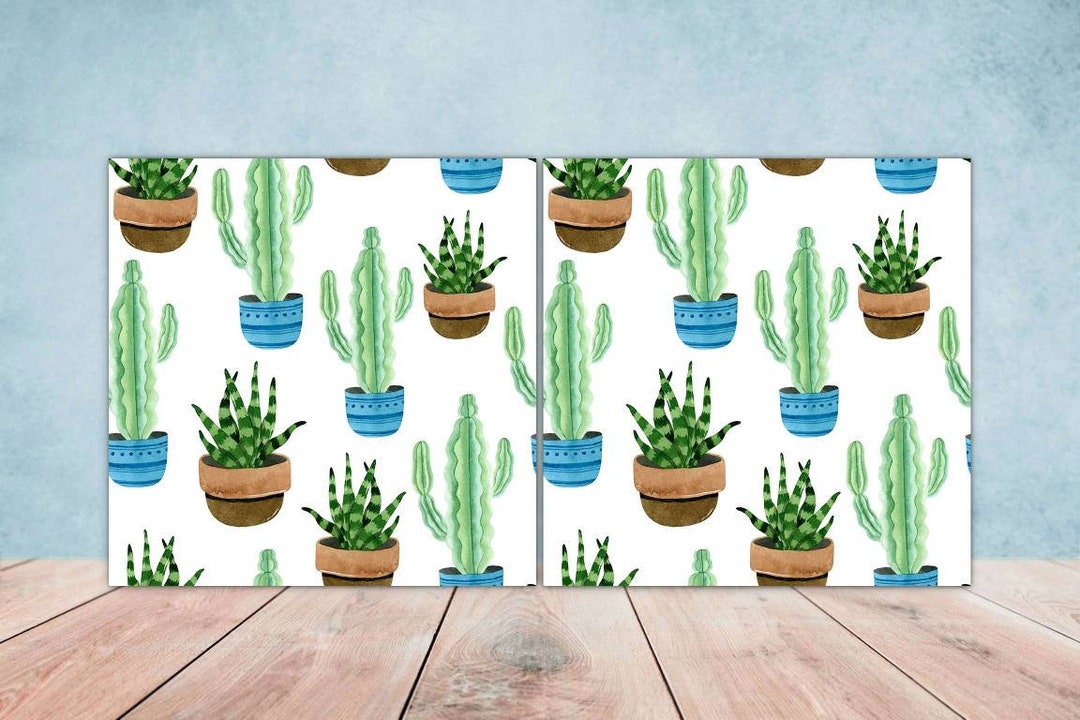 Tropical Cactus Tiles Design Set of 2 Botanical Wall Decor Leaves Art ...