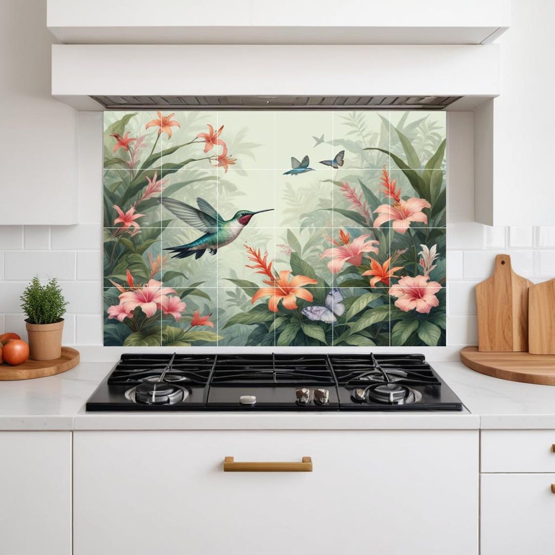 Hummingbird Hibiscus Bird Tile Mural – Tropical Kitchen Backsplash ...