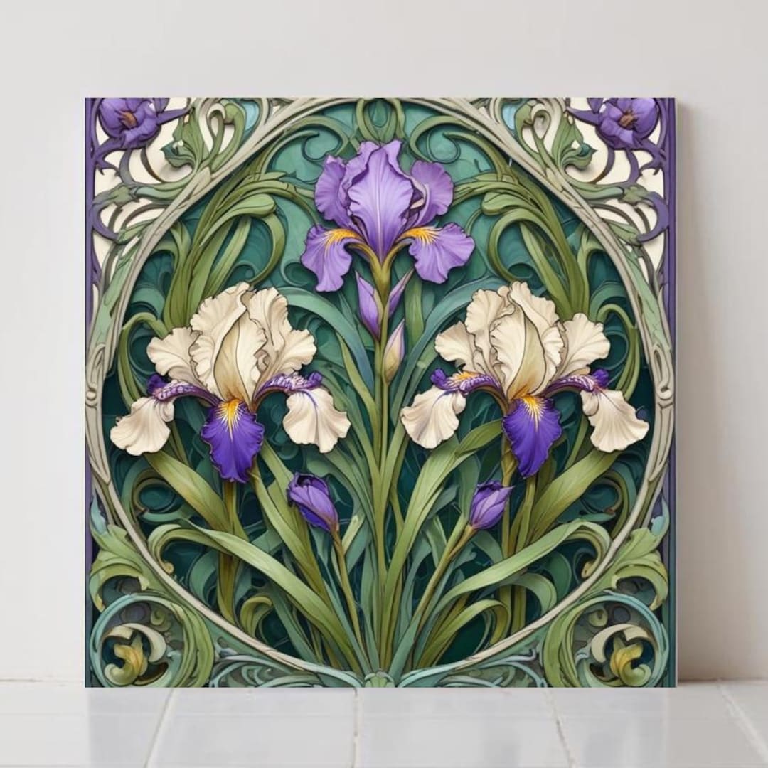 Art Nouveau Iris Ceramic Tile - Floral Kitchen Backsplash Botanical ...
