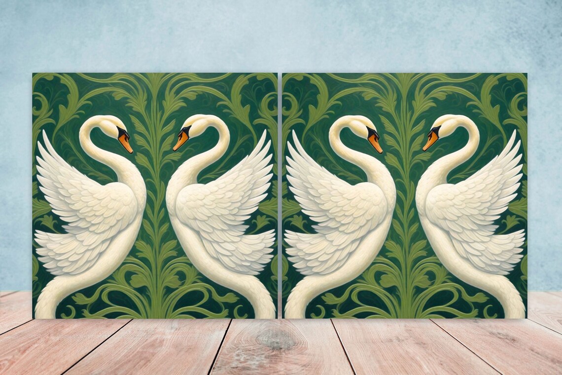 Art Nouveau Swan Ceramic Tiles: Bird Wall Decor, Set of 2 - Etsy