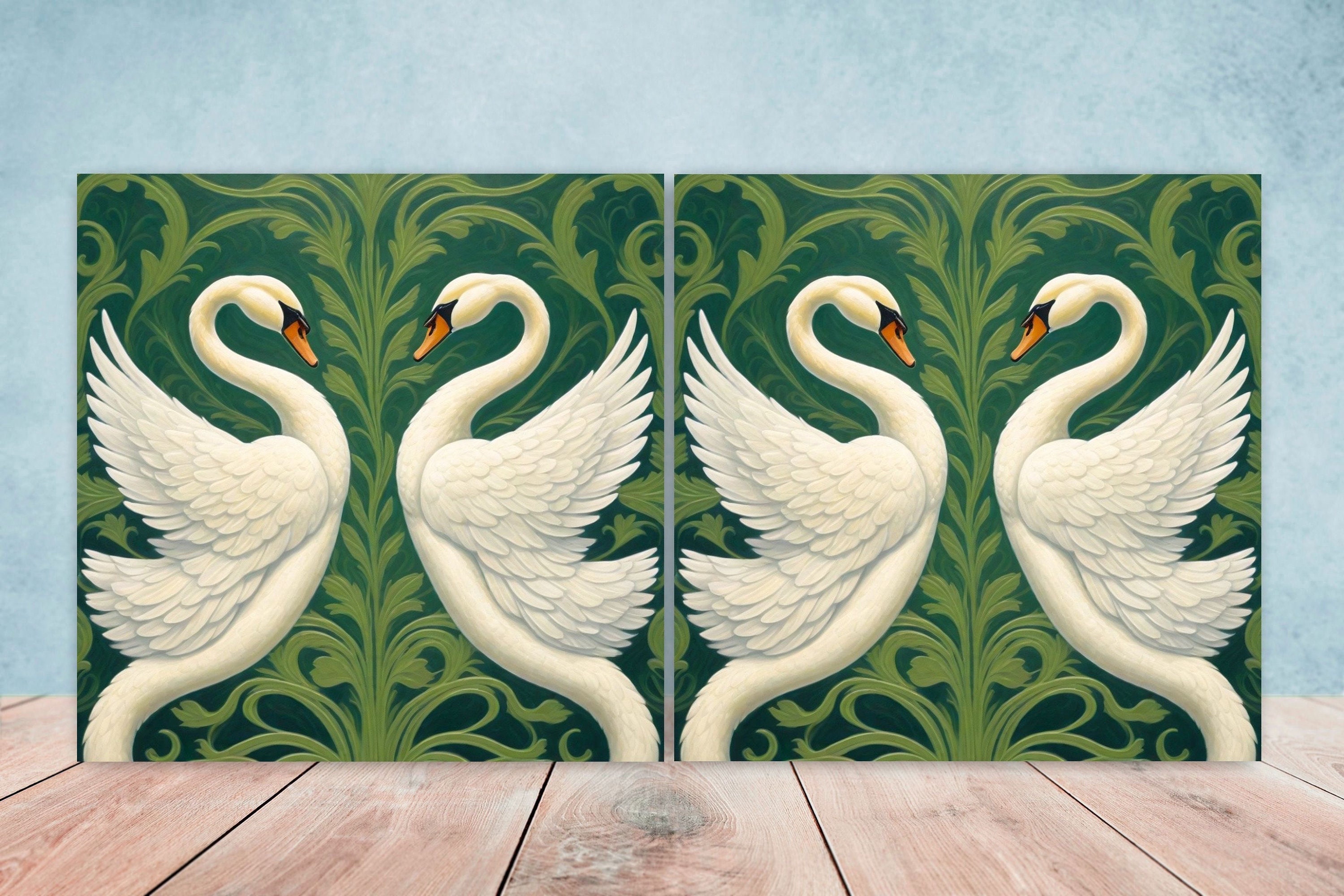 Art Nouveau Swan Ceramic Tiles: Bird Wall Decor, Set of 2 - Etsy