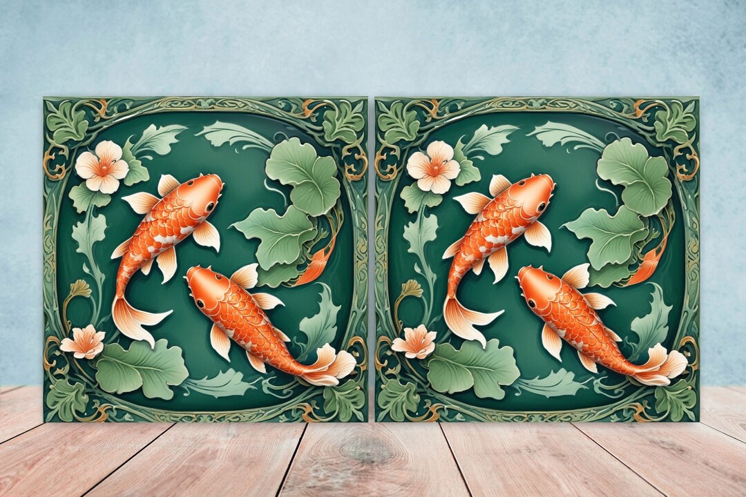 Koi Fish Ceramic Tile - Japanese Tiles -set of 2 Wall Decor Tiles ...