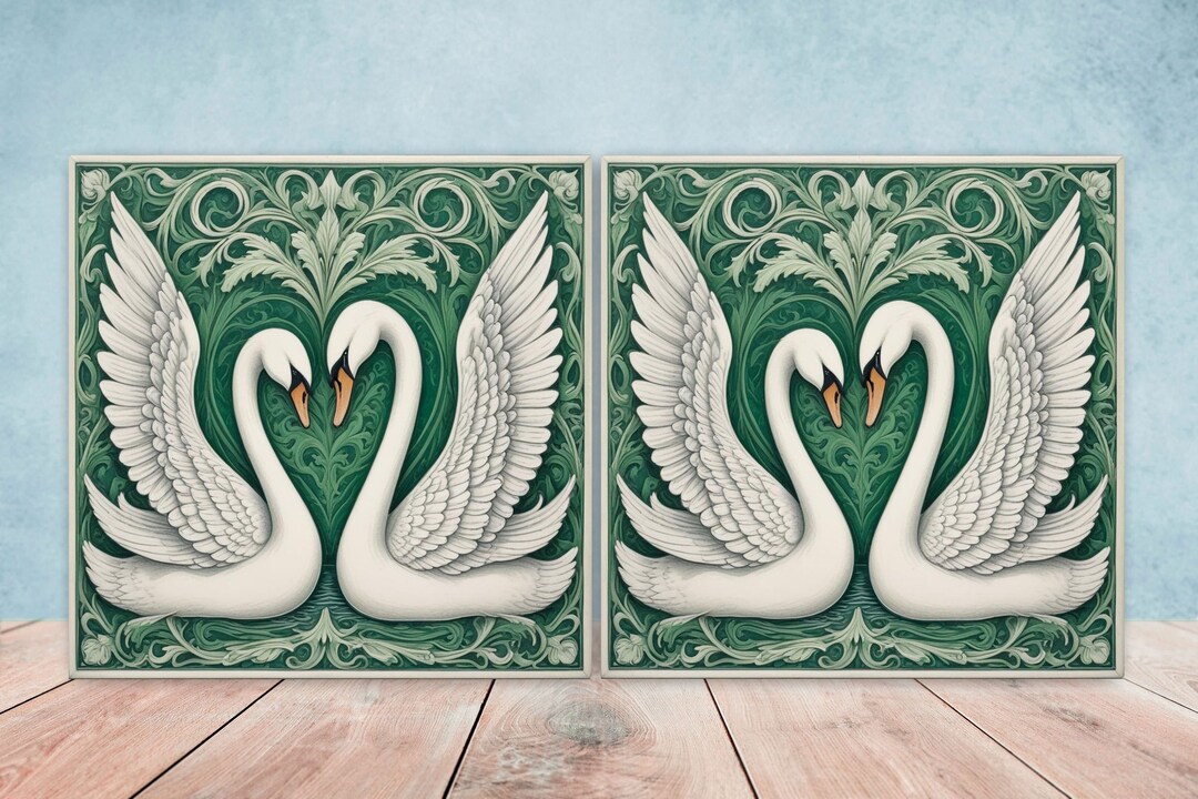 Art Nouveau Swan Ceramic Tiles - Set of 2 Art Nouveau Bird Wall Decor ...