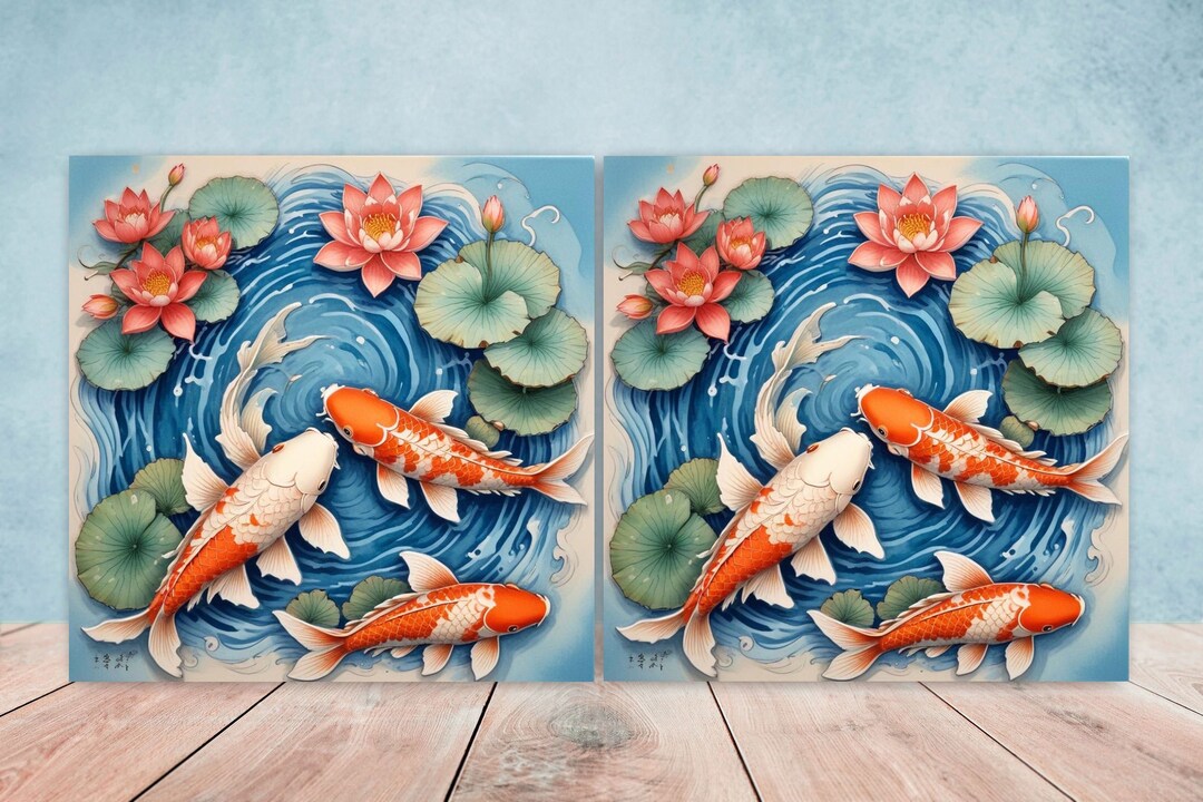 Koi Fish Ceramic Tile - Japanese Tiles -set of 2 Wall Decor Tiles ...