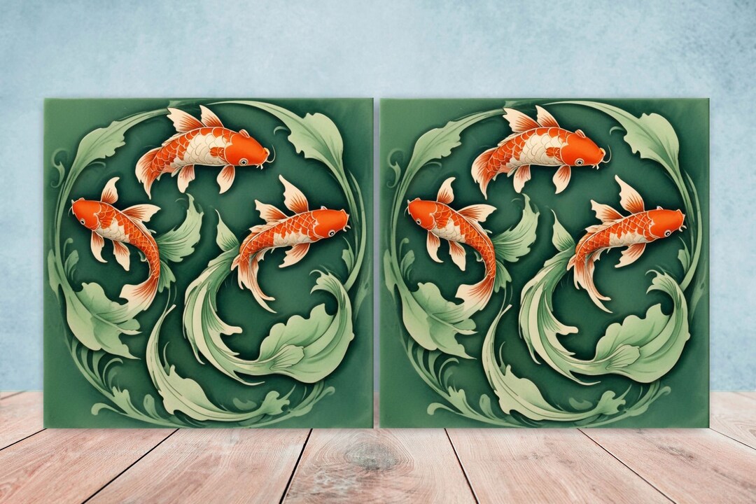 Koi Fish Ceramic Tile - Japanese Tiles -set of 2 Wall Decor Tiles ...