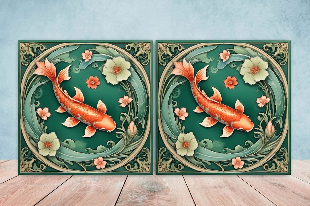 Koi Fish Ceramic Tile - Japanese Tiles -set of 2 Wall Decor Tiles ...