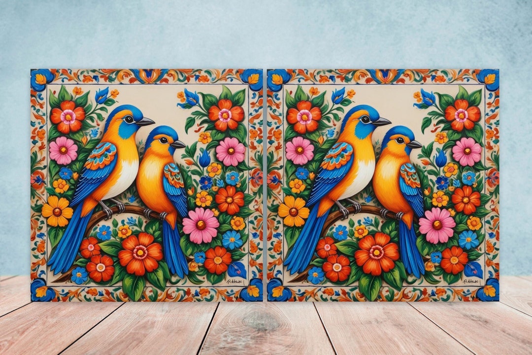 Mexican Ceramic Tiles - Set of 2 Mexican Folk Design Wall Decor Tiles ...