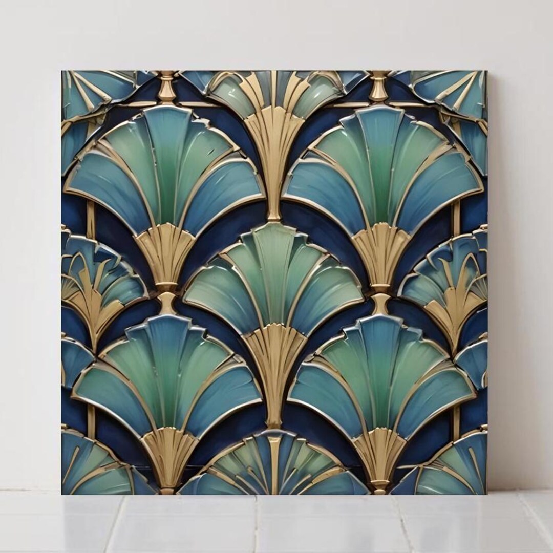 Art Deco Ceramic Tile Fan Pattern Geometric Backsplash Vintage Bathroom