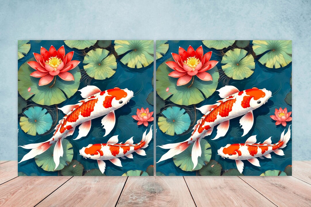 Koi Fish Ceramic Tile Japanese Tiles set of 2 Wall Decor Tiles kitchen ...