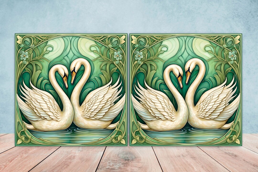 Art Nouveau Swan Ceramic Tiles Set of 2 Art Nouveau Bird Wall Decor Tiles, Bird Tiles, Swan Art ...