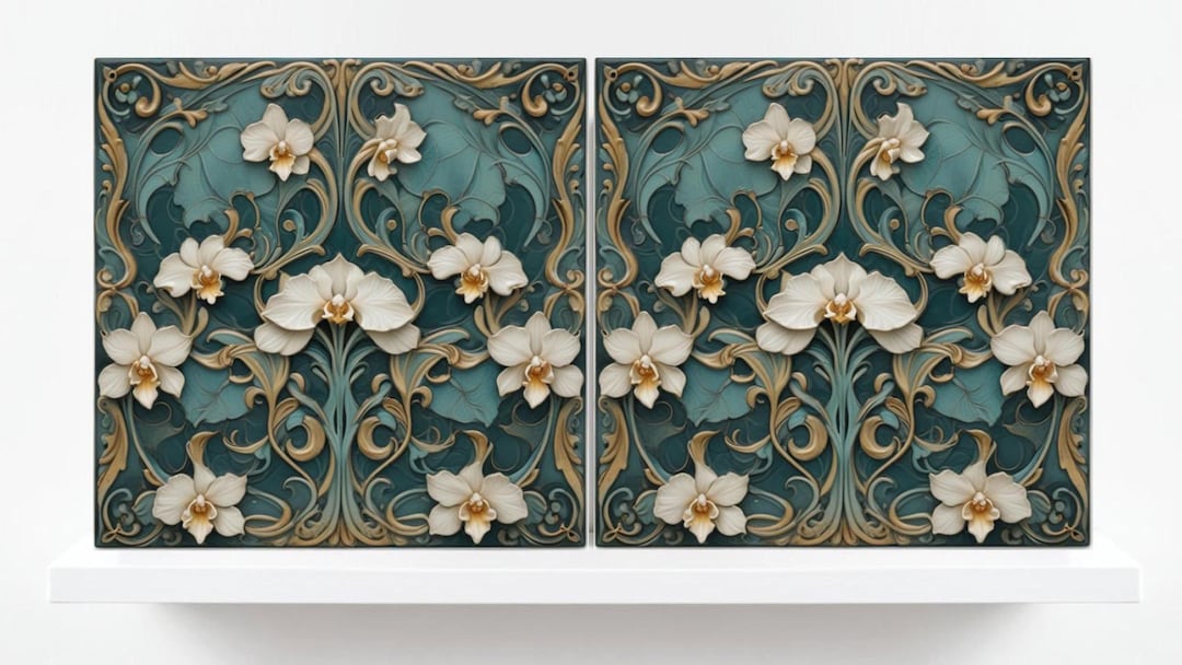 Orchid Tile Green Art Nouveau Tiles Flower Botanical Art Print Ceramic ...