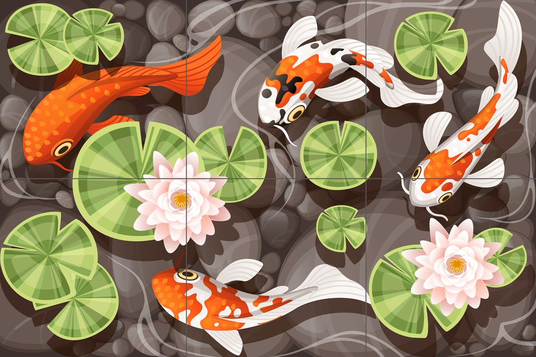 Koi Fish Tile Mural: Japanese Lotus Pond Ceramic Panel Japan Oriental ...