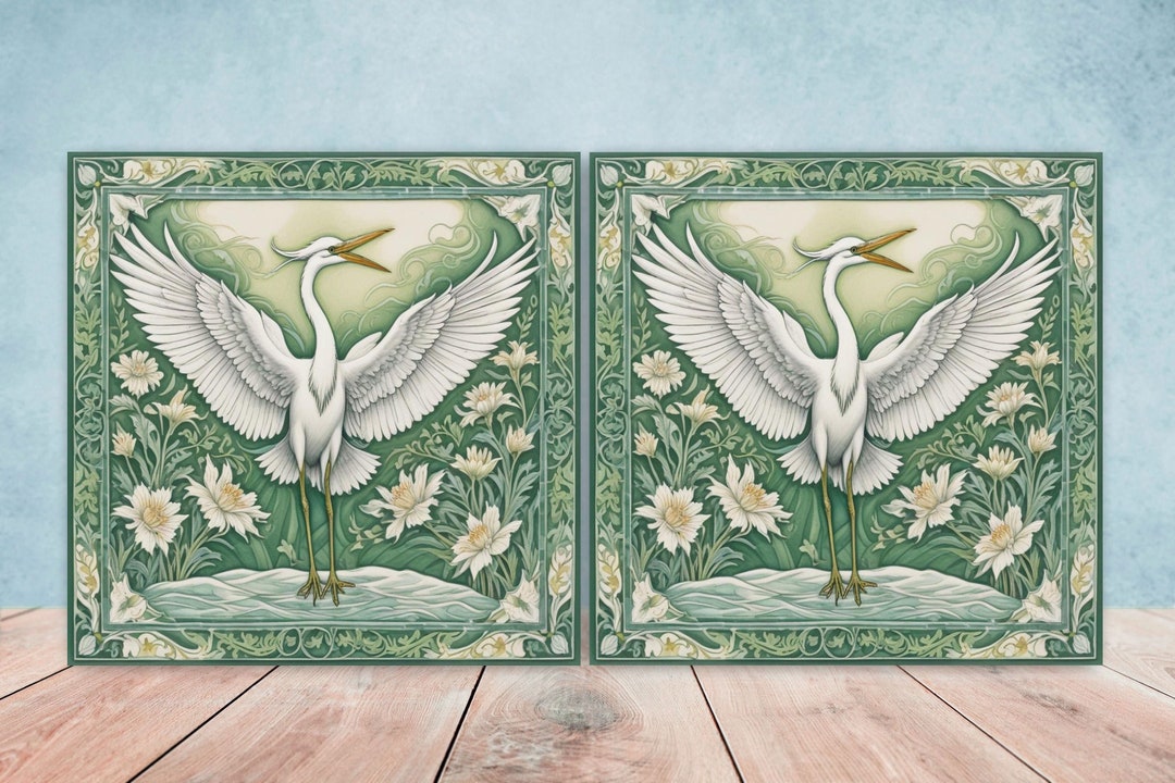 Art Nouveau Heron Ceramic Tiles: Bird Wall Decor, Set of 2 - Etsy