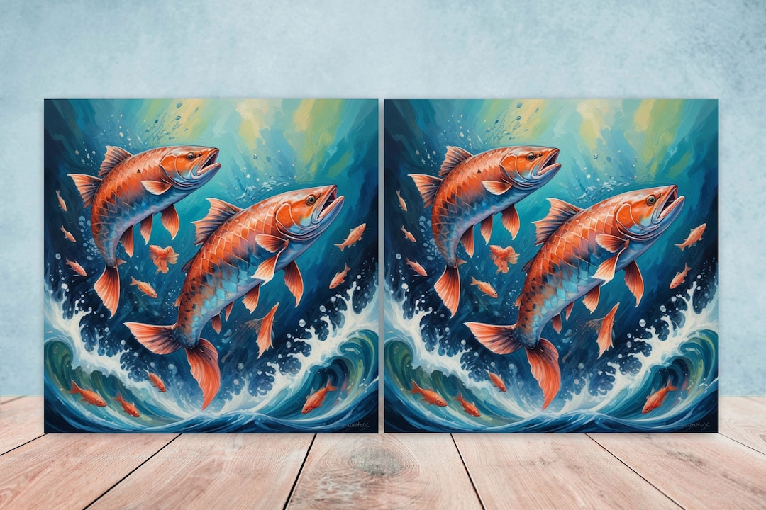 Salmon Fish Ceramic Tile Japanese Wave Tiles set of 2 Wall Decor Tiles ...