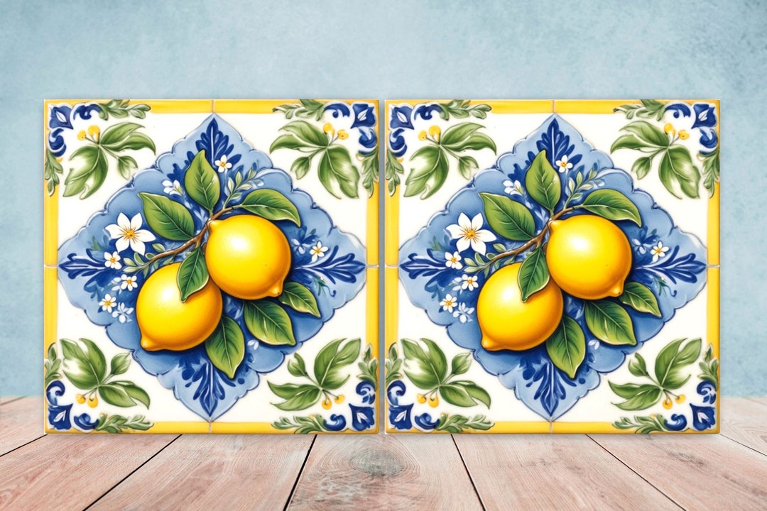 Italian Majolica Lemon Tiles Set of 2 Italian Wall Decor Tiles Kitchen ...