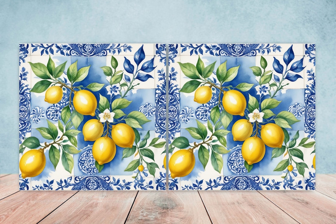 Italian Majolica Lemon Tiles Set of 2 Italian Wall Decor Tiles Kitchen ...