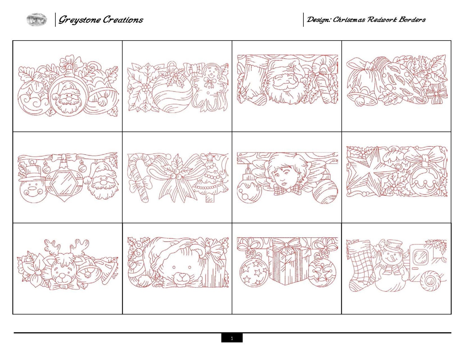 Christmas Redwork Borders Collection | Etsy