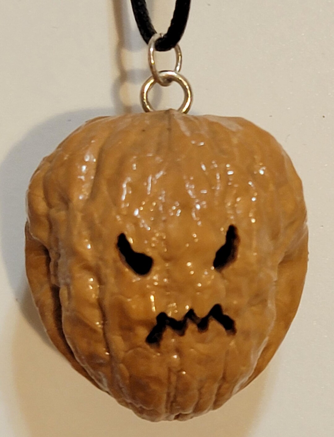 Large Walnut Pumpkin Face Pendant Necklace - Slant Eyes & Grumpy Mouth ...