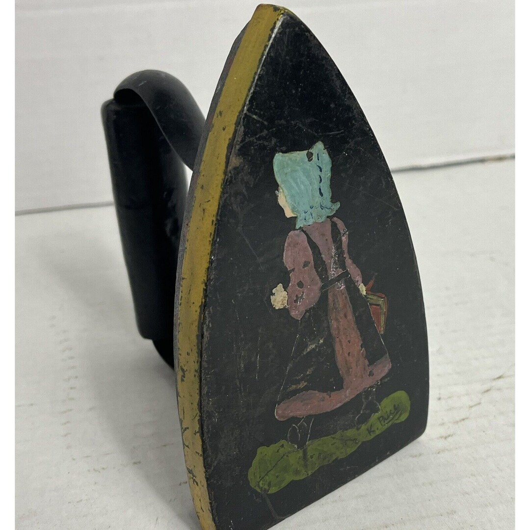 Antique Heavy Cast Iron Folk Art Painted Sad Flat Iron Tool Signed ...