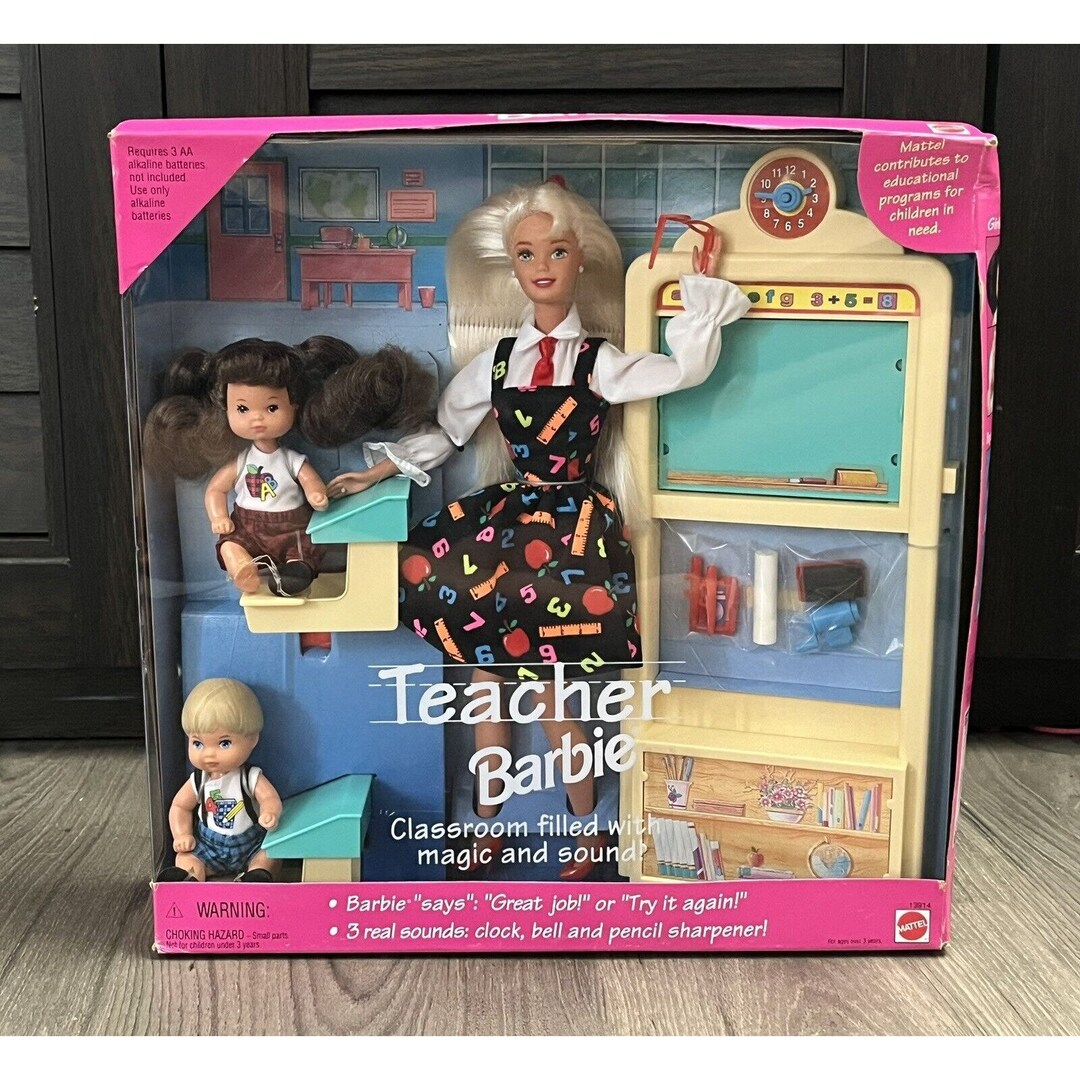 1995 TEACHER BARBIE With 2 Students 2 Desks and Chalkboard - Etsy