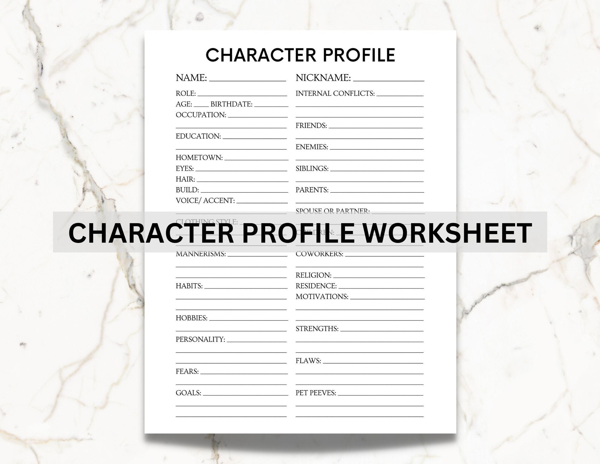 Basic Character Profile Worksheet for Fiction Authors - Etsy