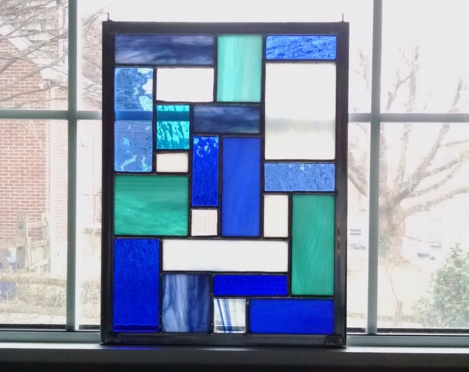 Blue Geometric Stained Glass Panel Blue Stained Glass Window Beach ...