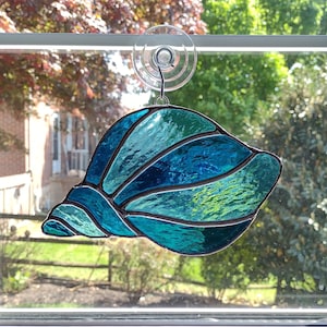 Sea Shell Stained Glass Suncatcher, Blue Sea Shell, Conch Shell, Beach ...