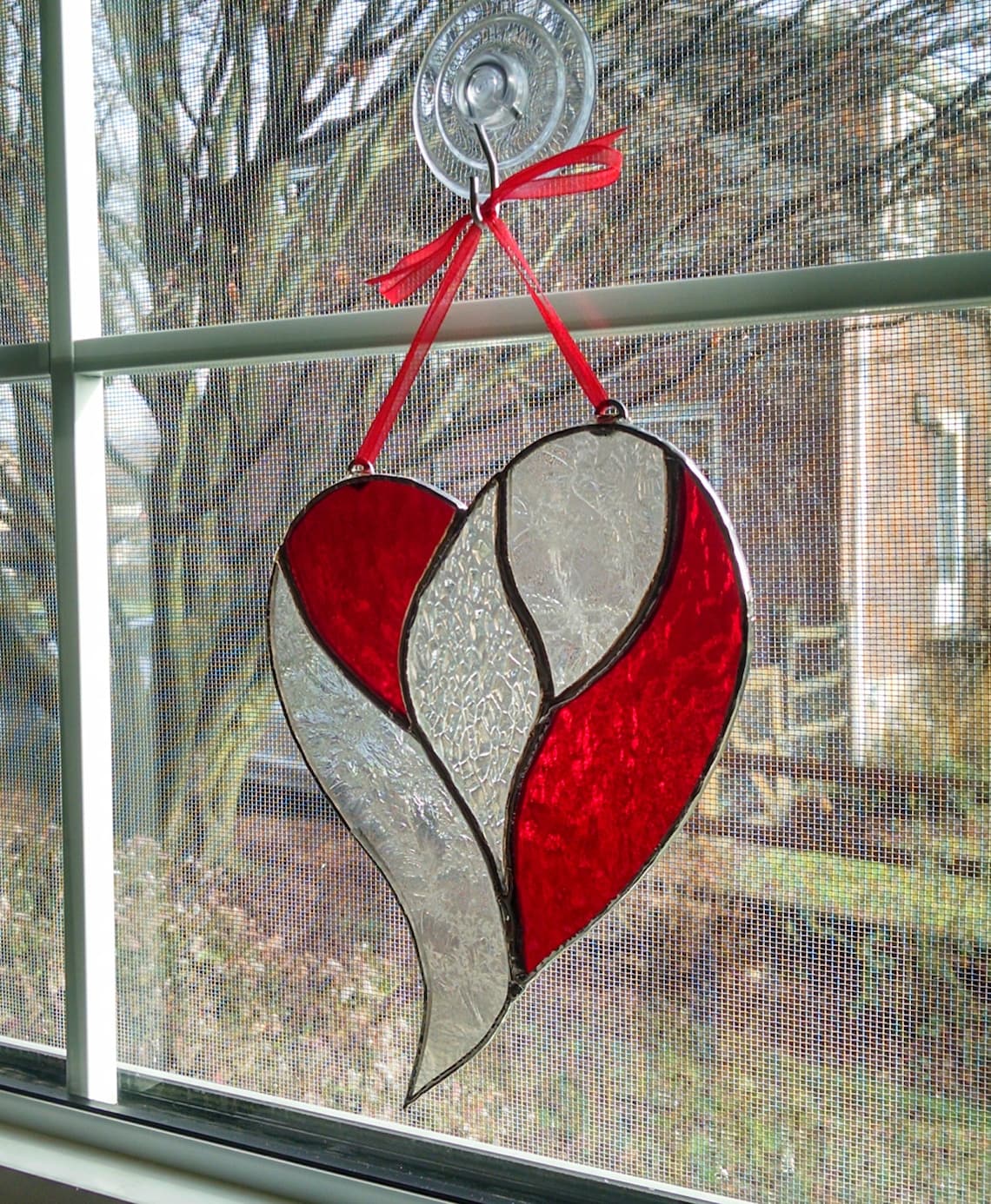 Stained Glass Heart Suncatcher Red and Clear Valentines Day | Etsy