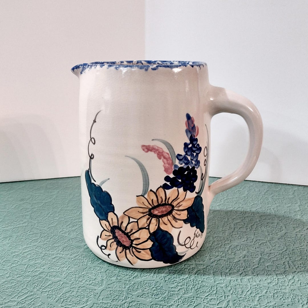 Vintage Floral Design Large Ceramic Pitcher, Ellis Prod Marshall Texas ...