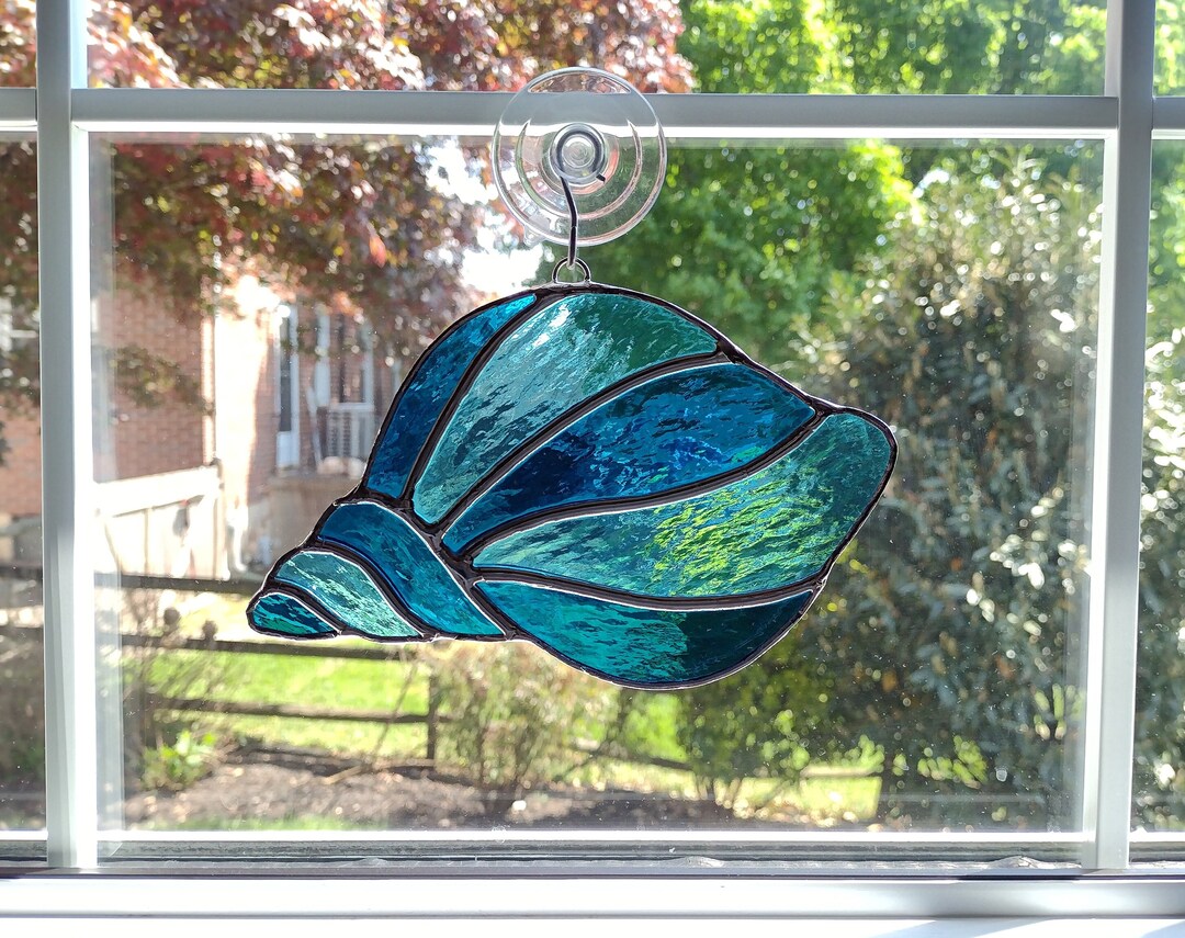 Sea Shell Stained Glass Suncatcher, Blue Sea Shell, Conch Shell, Beach ...