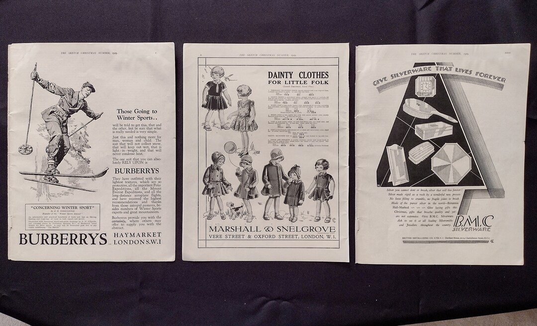 Set of Three Vintage Original 1929 Magazine Ads, Burberrys Skiing Ad ...