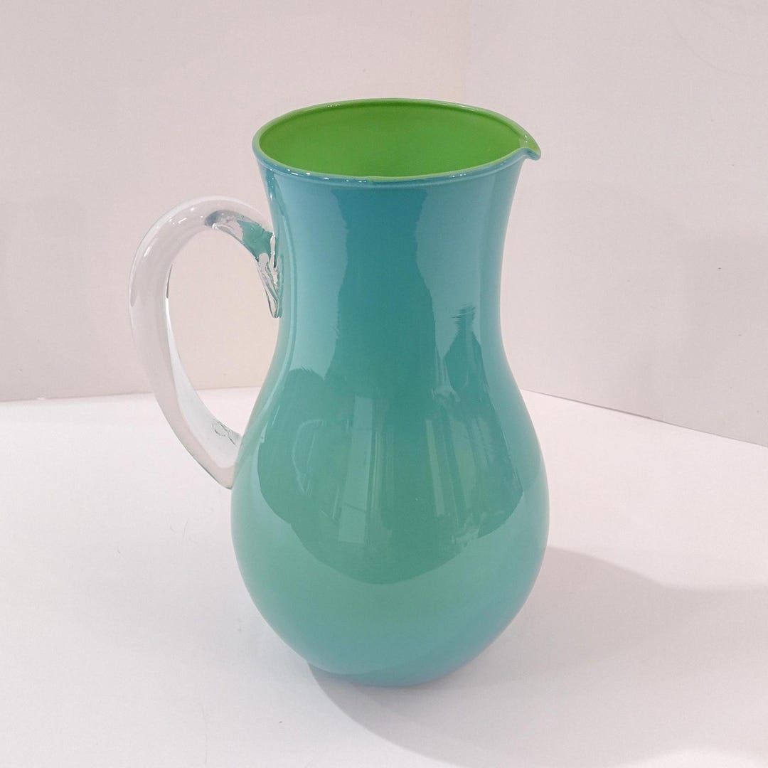 Vintage Blue and Green Cased Blown Glass Pitcher, Retro Glass Pitcher ...